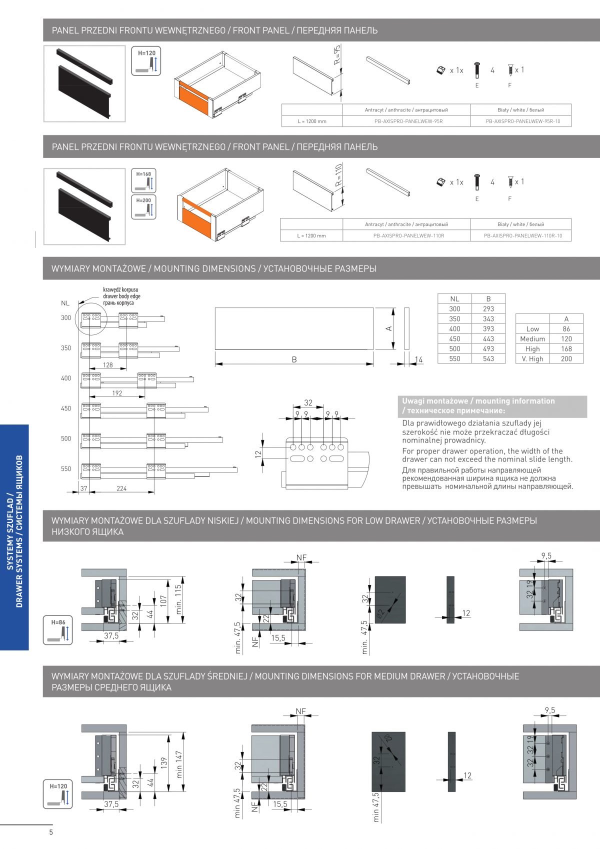 Ultra Slim AXIS PRO Soft Close kitchen drawer box system Anthracite ...
