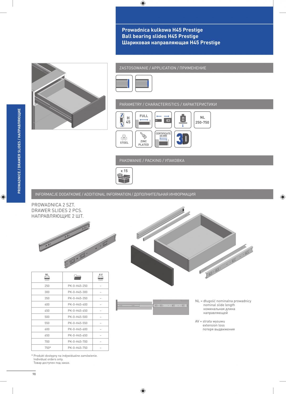 45mm ball bearing drawer runners GTV Prestige - Full Extension - 250 ...